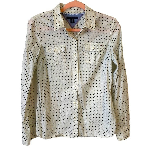 Tommy Hilfiger | Tops | Tommy Hilfiger M Womens White Black Polka Dot Button Down Shirt | Poshmark